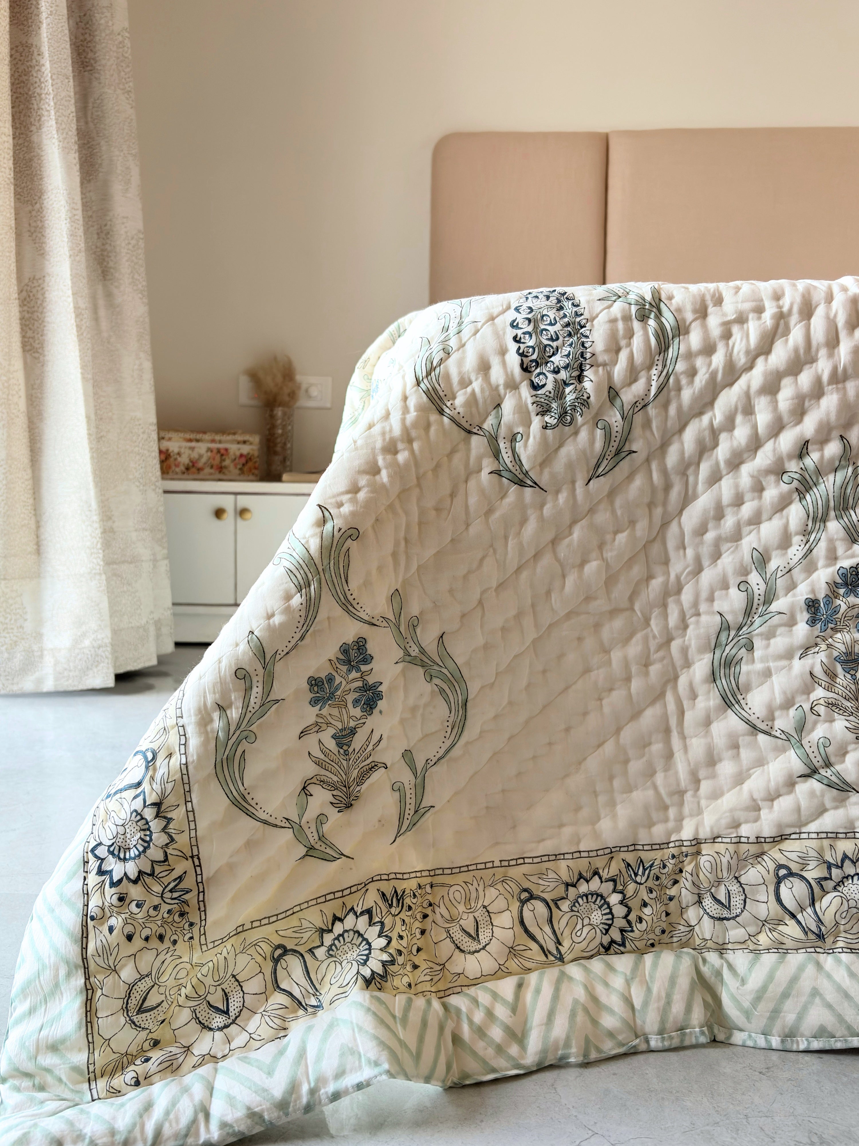 Floral Ivory Reversible Cotton Quilt | Altaire Homes