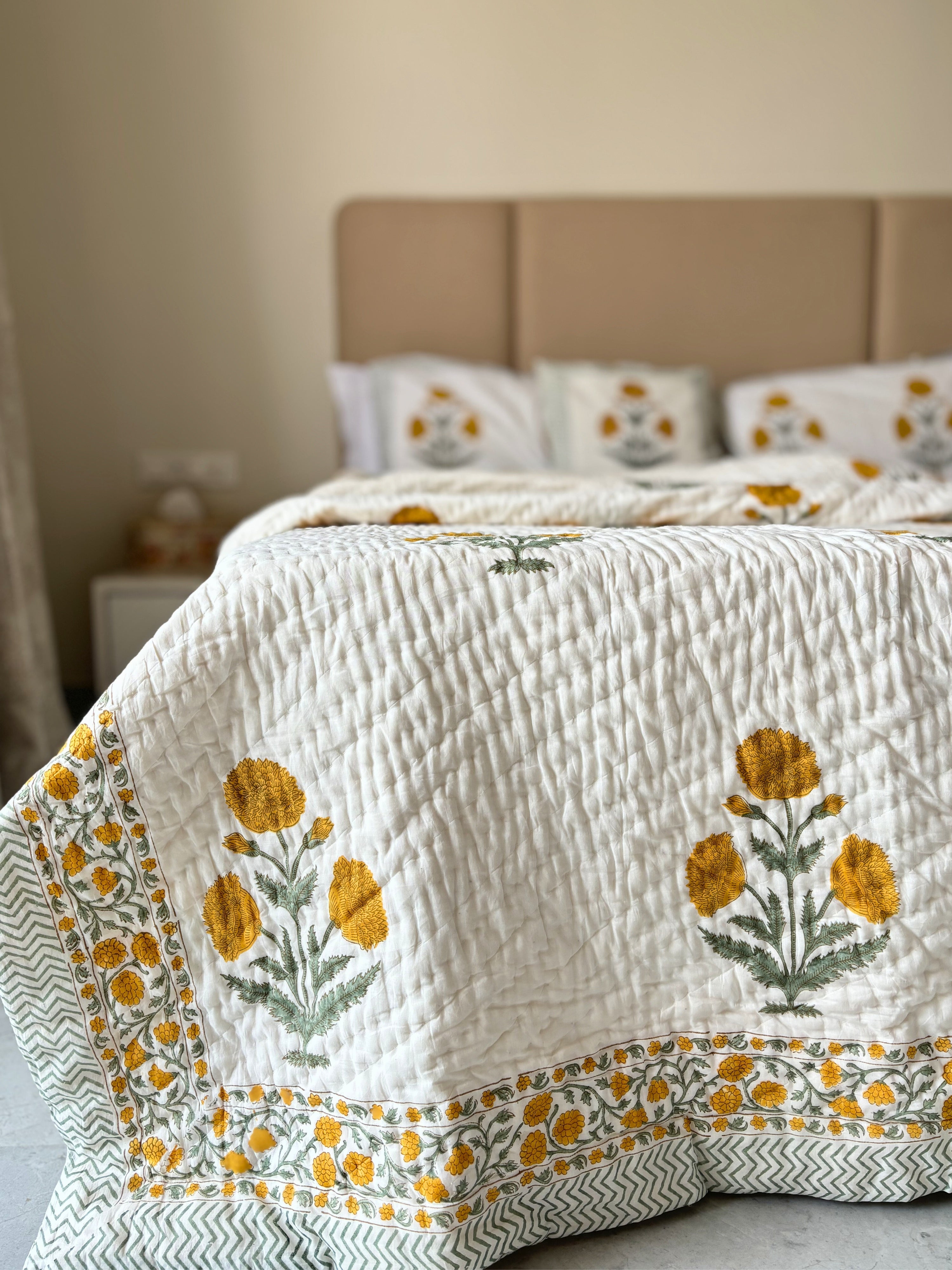 Marigold Boota Reversible Cotton Quilt | Altaire Homes Jaipuri Razai